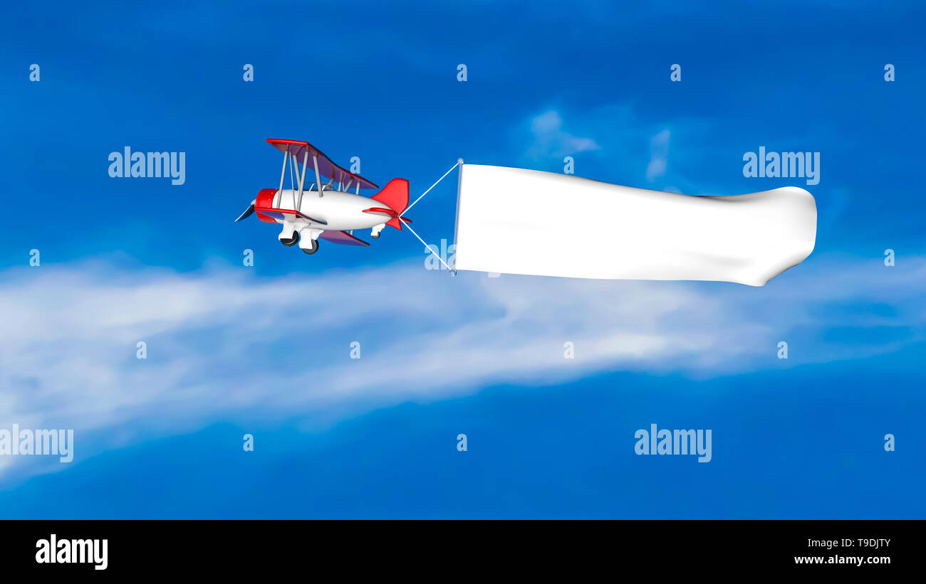 biplane in a blue sky with a white blank banner. 3D rendering Stock ...