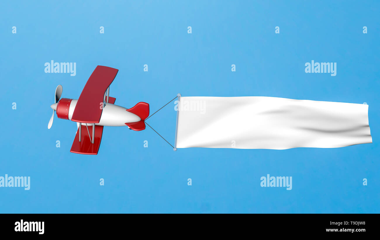 biplane in a blue sky with a white blank banner. 3D rendering Stock ...