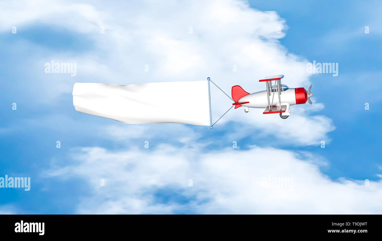 biplane in a blue sky with a white blank banner. 3D rendering Stock ...