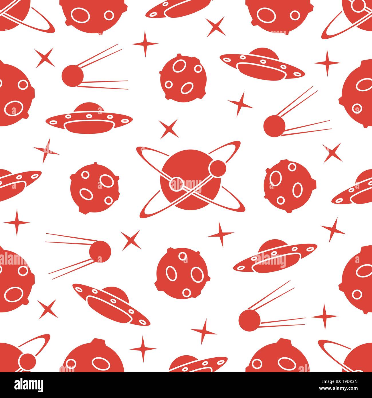Vector seamless pattern with UFO, satellite, planets, stars. Space ...