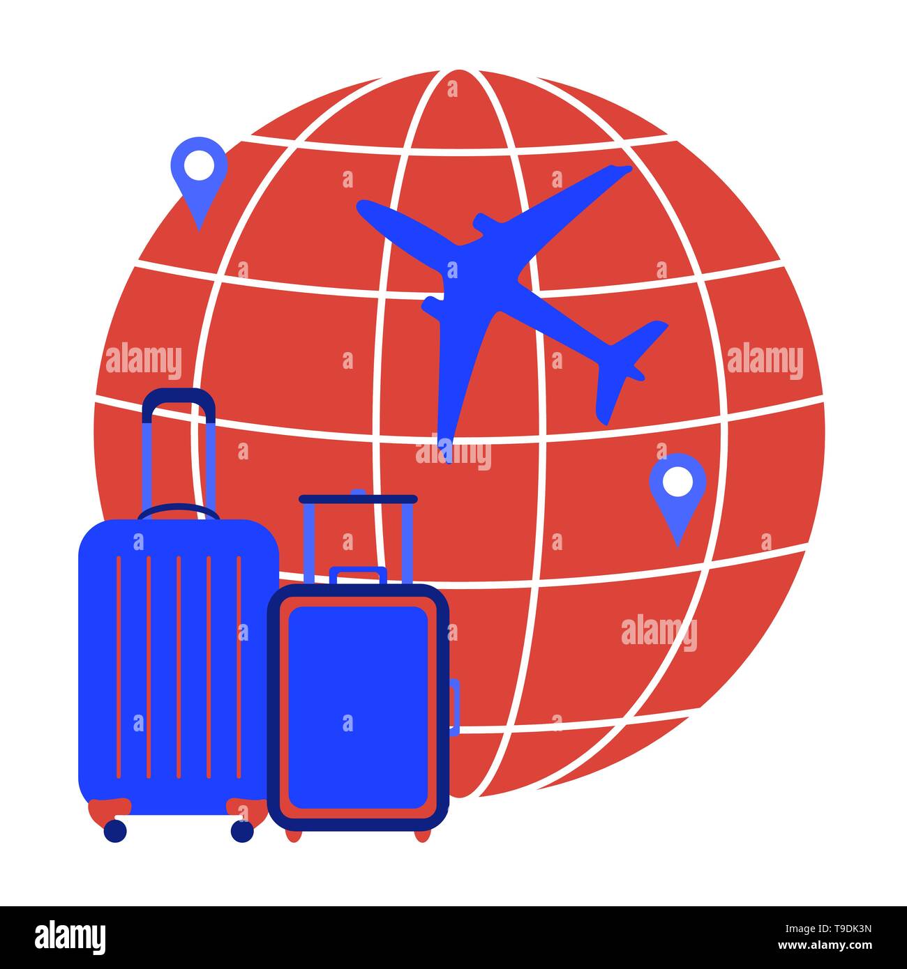Vector illustration with suitcases, airplane, tags on the globe point ...
