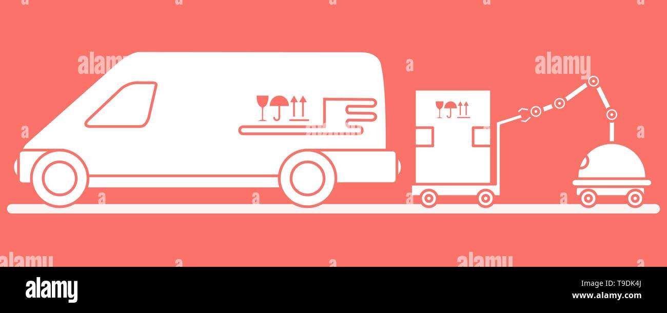 Vector illustration with robot loader loads boxes into a car ...