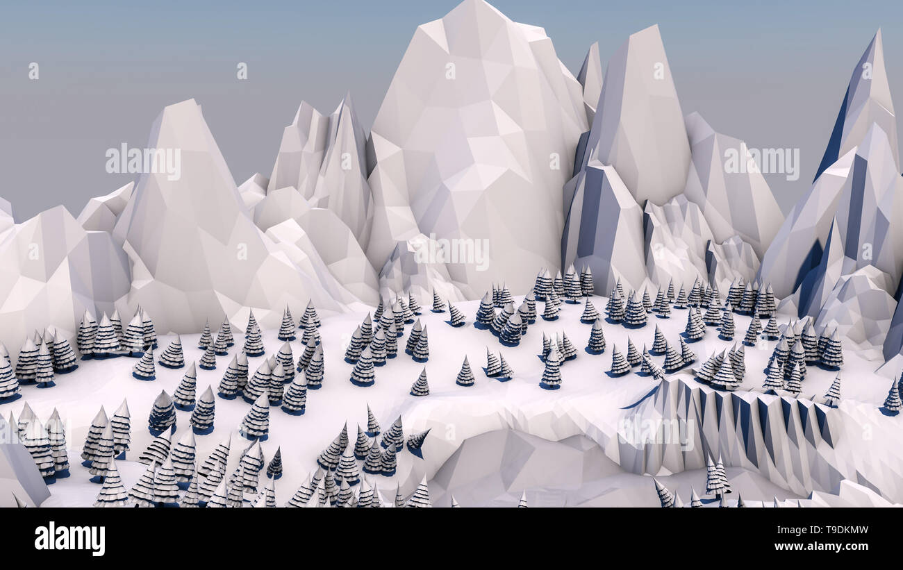Low poly forest landscape. Illustration. Spruce forest and mountains ...