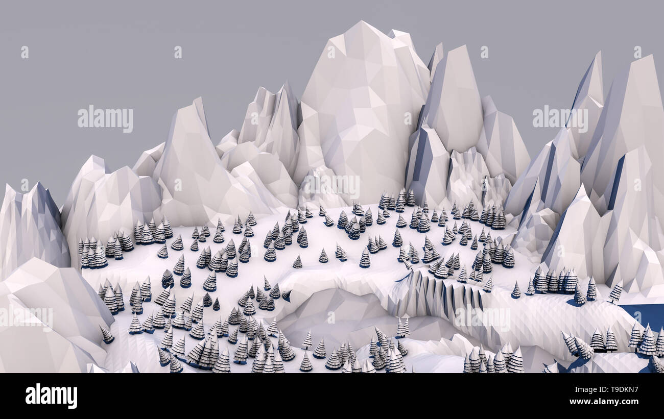 Low poly forest landscape. Illustration. Spruce forest and mountains ...
