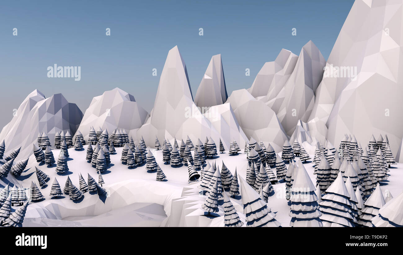Low poly forest landscape. Illustration. Spruce forest and mountains ...