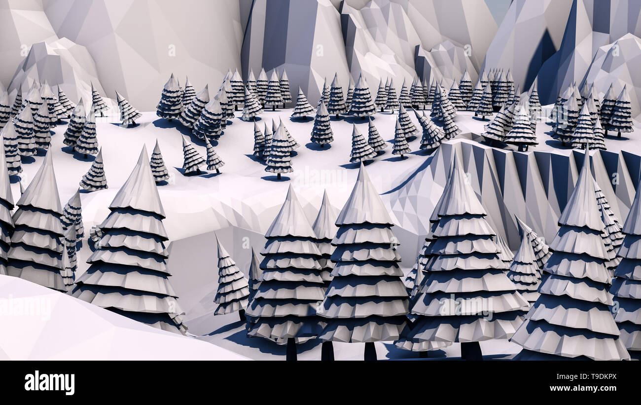 Low poly forest landscape. Illustration. Spruce forest and mountains ...