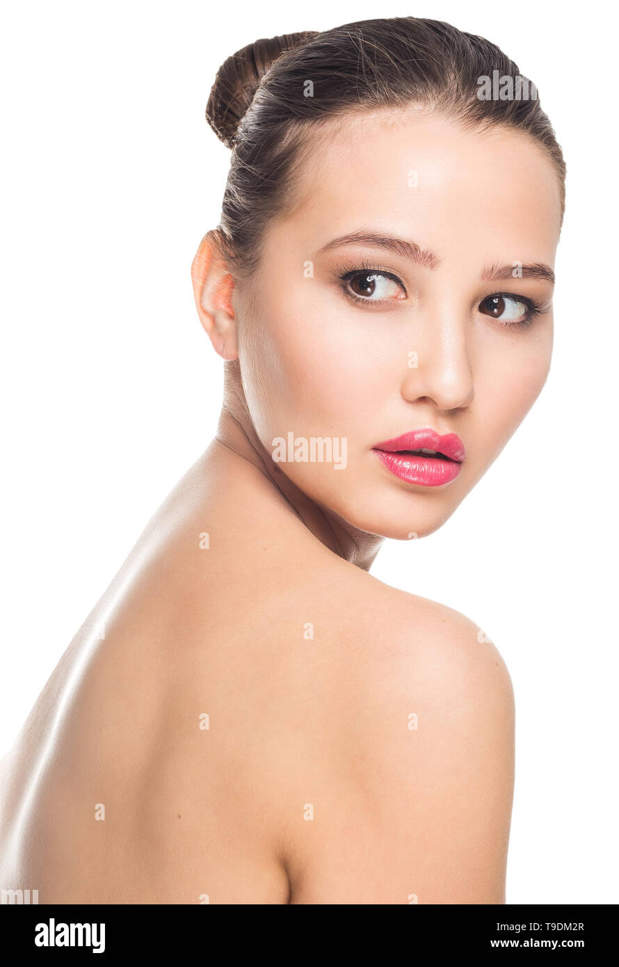 Close Up Portrait Of Beautiful Brunette Woman On White Isolate Background Brunette Girl With