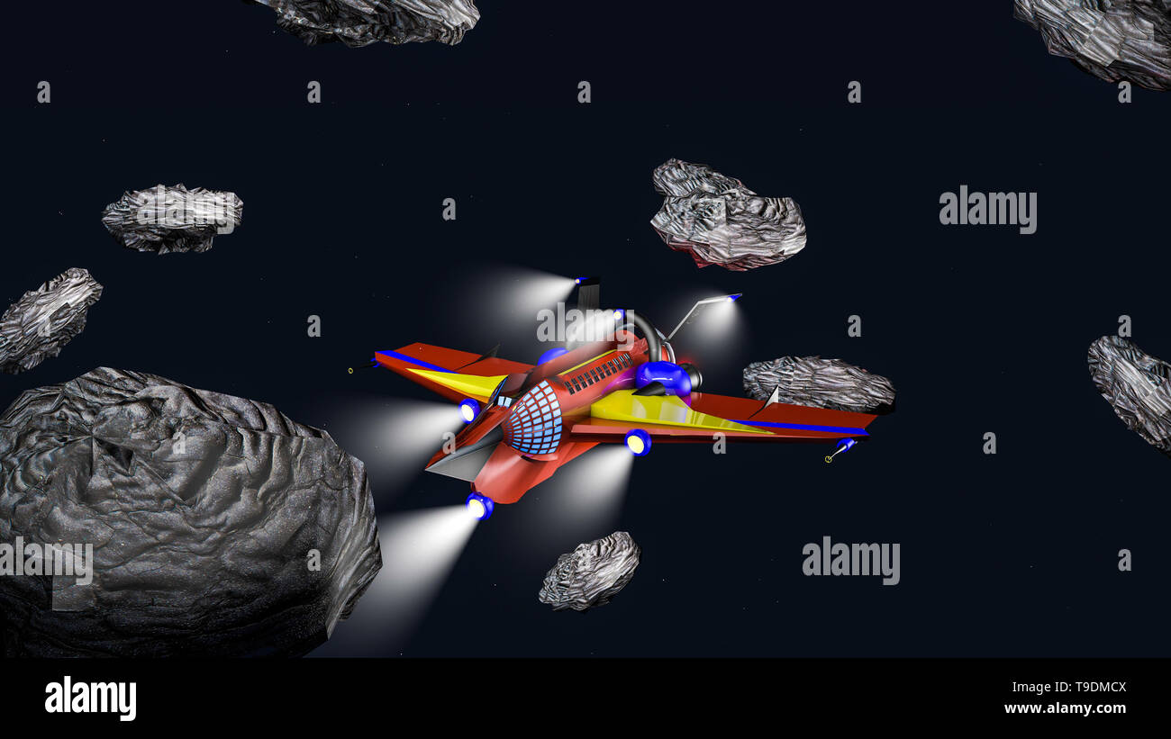 model of interstellar aircraft flying through meteorites in space. 3D ...