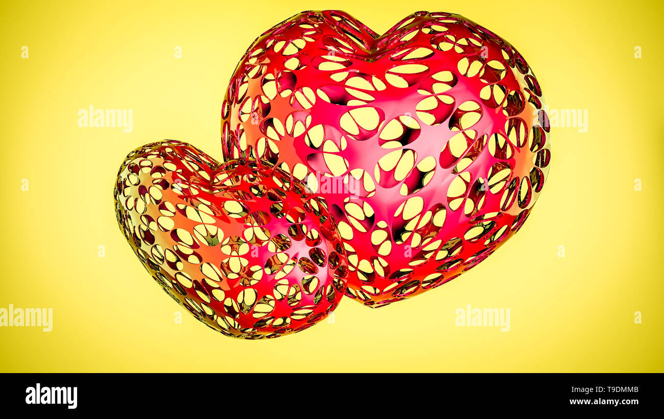 three-dimensional model of hearts on a yellow background. 3D rendering ...