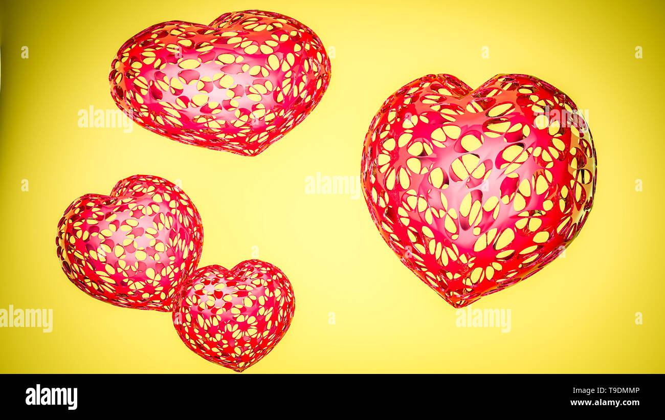 three-dimensional model of hearts on a yellow background. 3D rendering ...