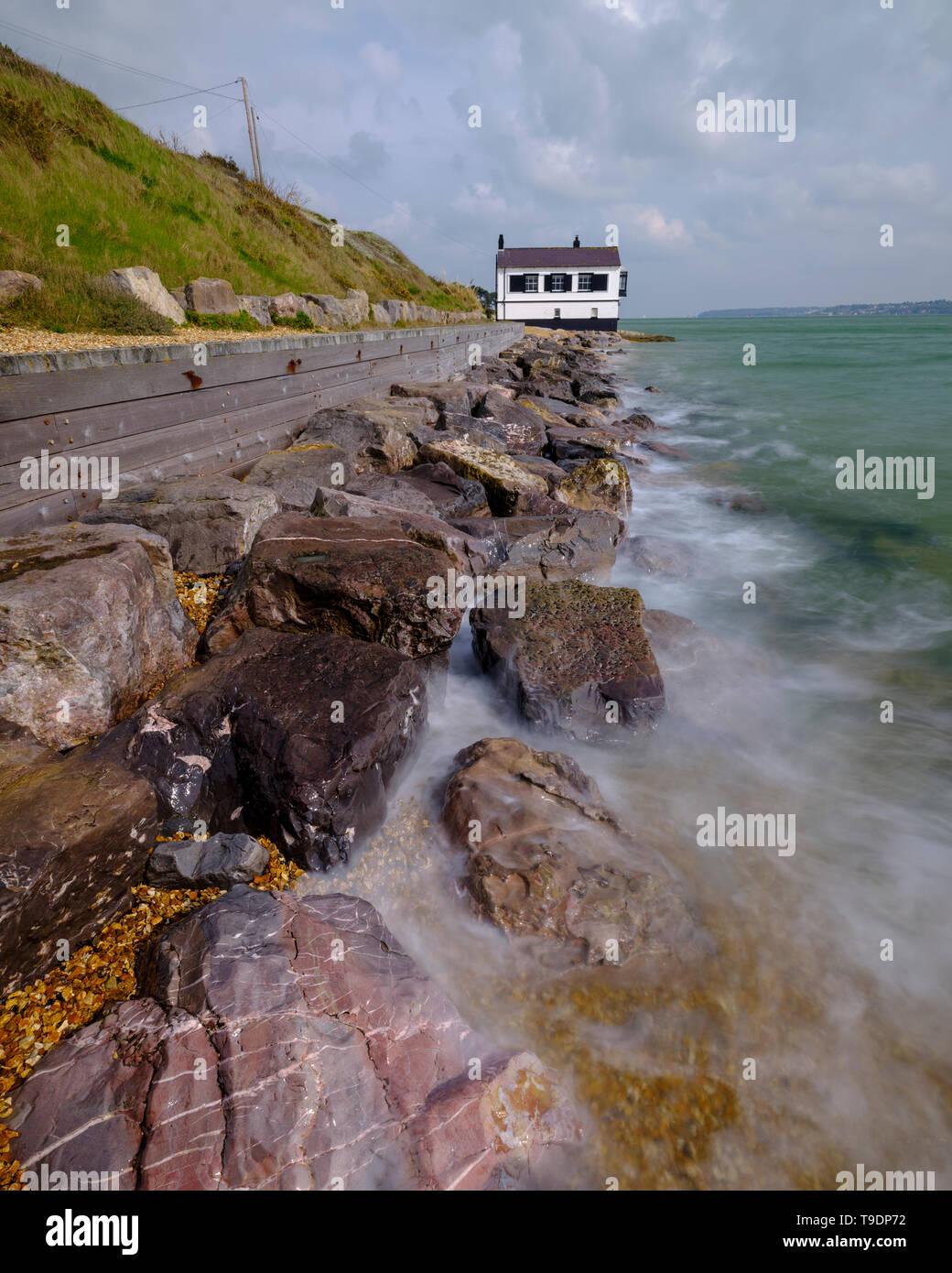 Lepe, UK - April 7, 2019: View along the beach towards the Old Coast ...