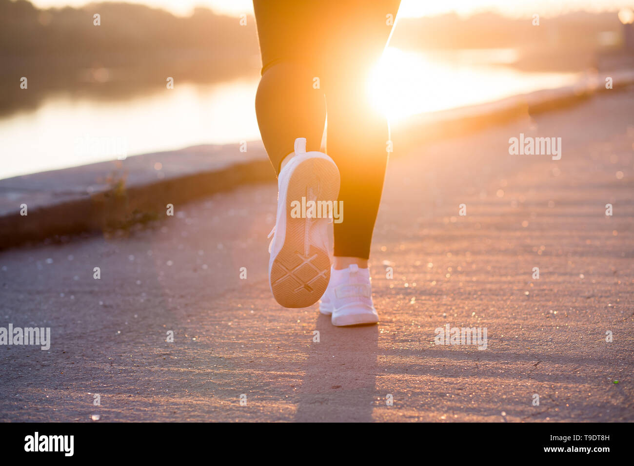 Close up white sneaker of athlete woman runner feet on sunset ...