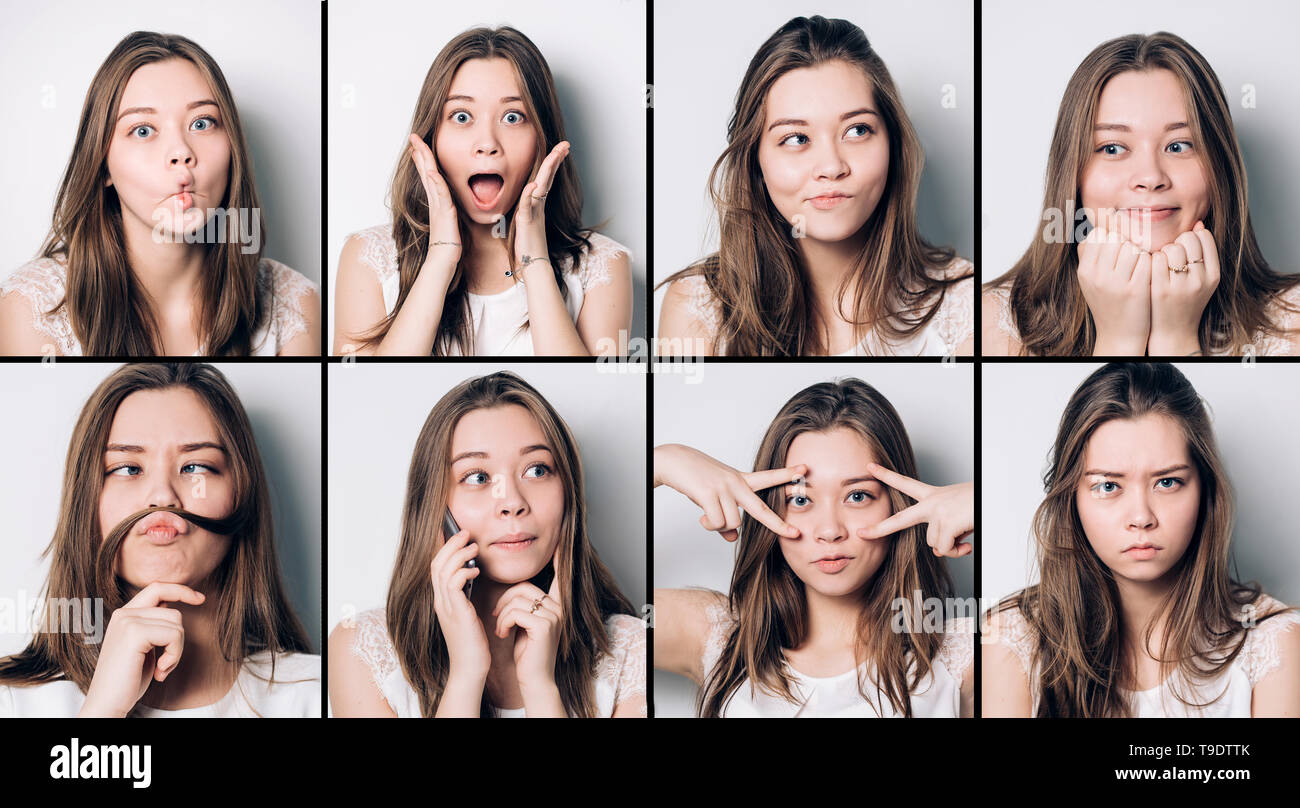 Set of young girl emotions. using mobile. Happiness, surprise, disgust ...
