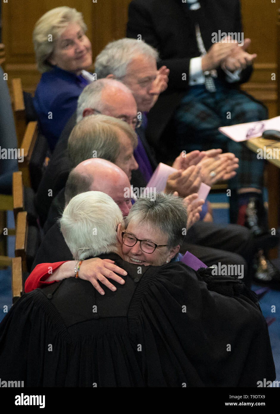 Former moderator Very Rev Susan Brown (right) congratulates the new ...