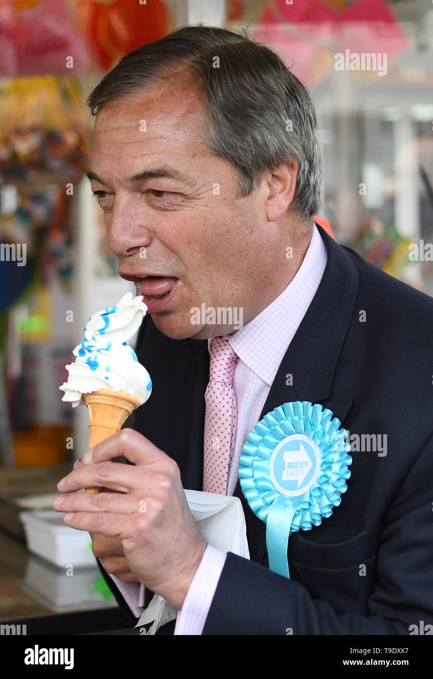 Brexit Party leader Nigel Farage with an ice cream in Canvey Island ...