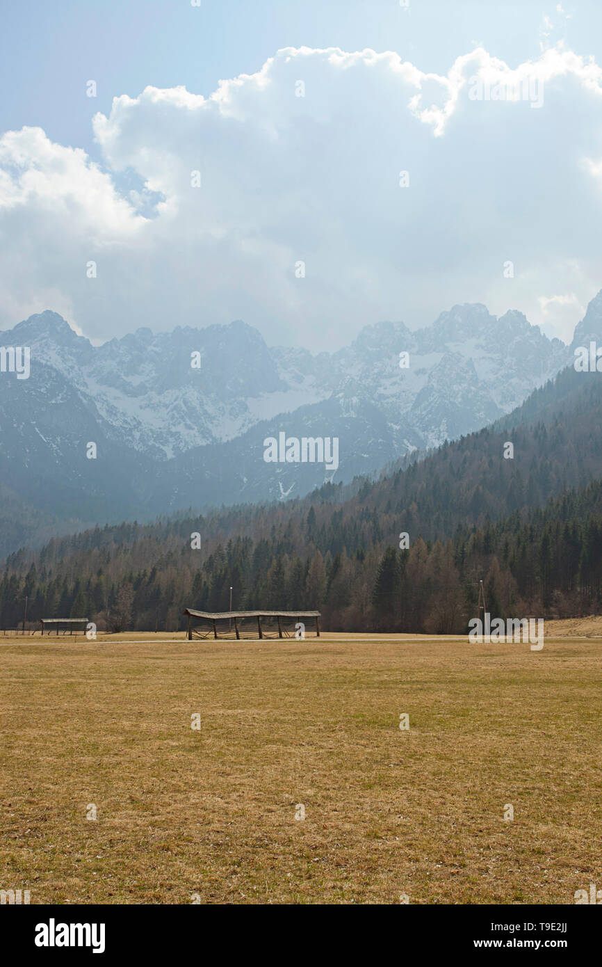 Open field and snow covered mountains Stock Photo - Alamy