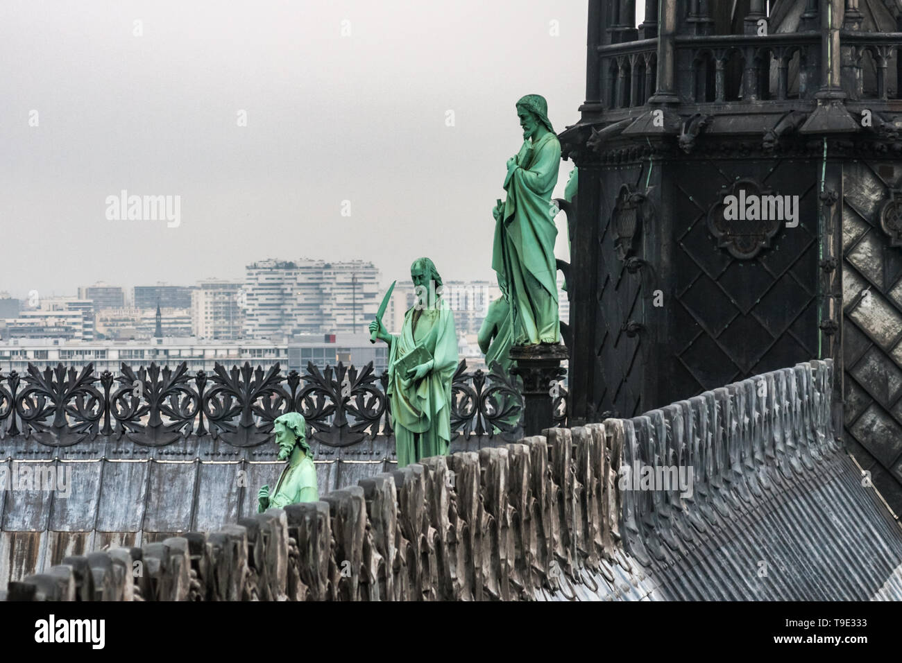 Lead statues around the spire of Notre Dame de Paris cathedral, Our ...