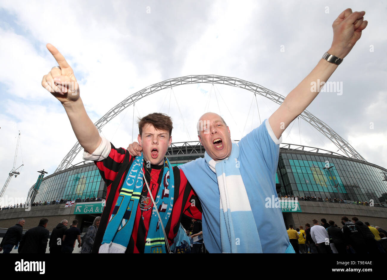 Manchester City fans pose for a picture outside the grounds prior to ...