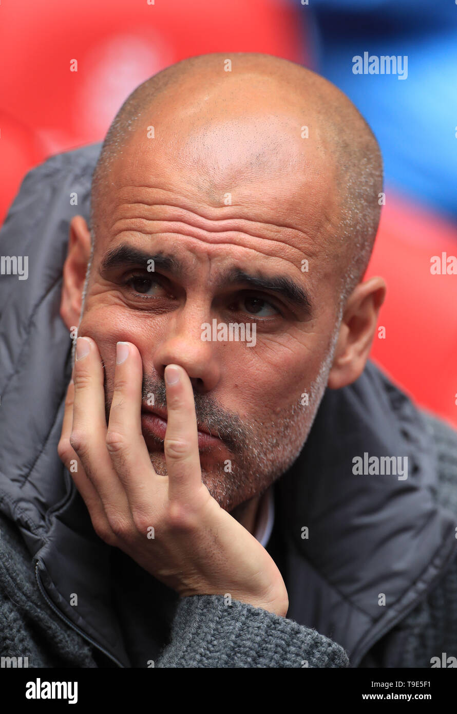 Manchester City manager Pep Guardiola on the bench prior to the FA Cup ...