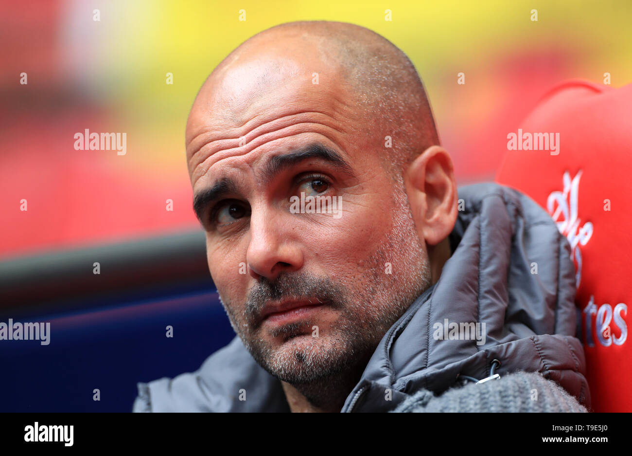 Manchester City manager Pep Guardiola on the bench prior to the FA Cup ...