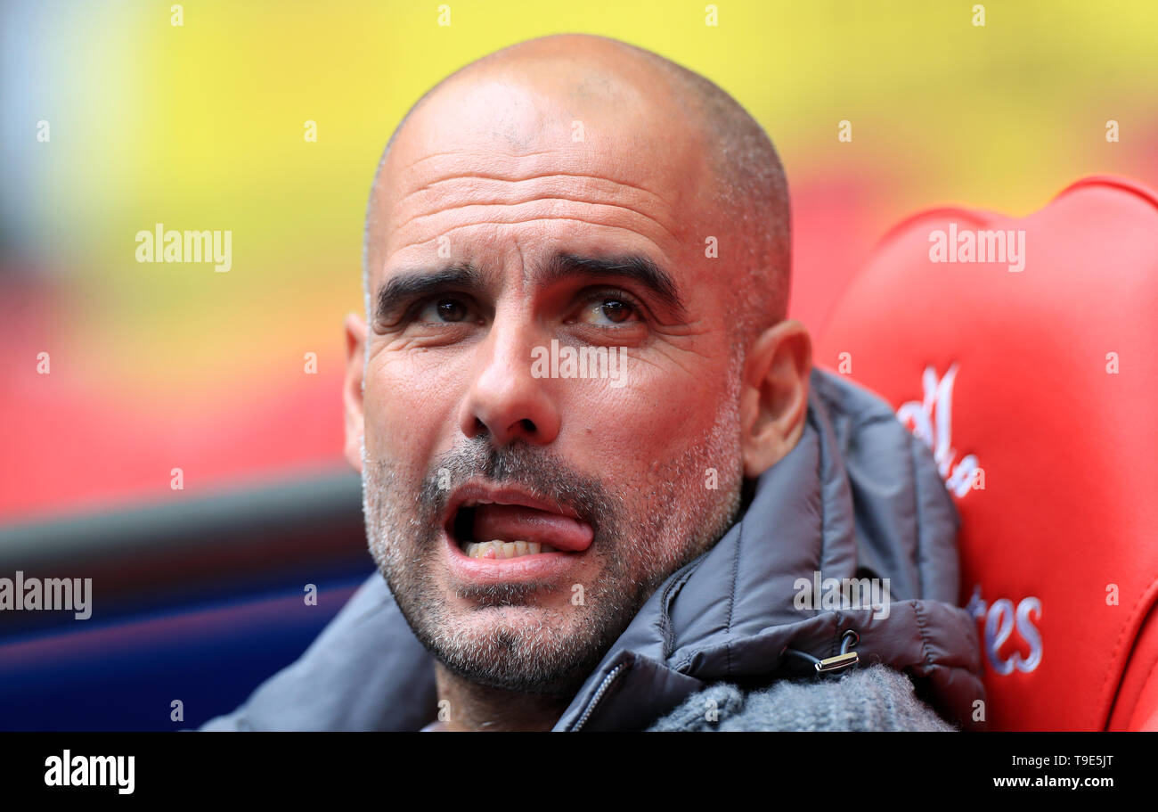 Manchester City manager Pep Guardiola on the bench prior to the FA Cup ...