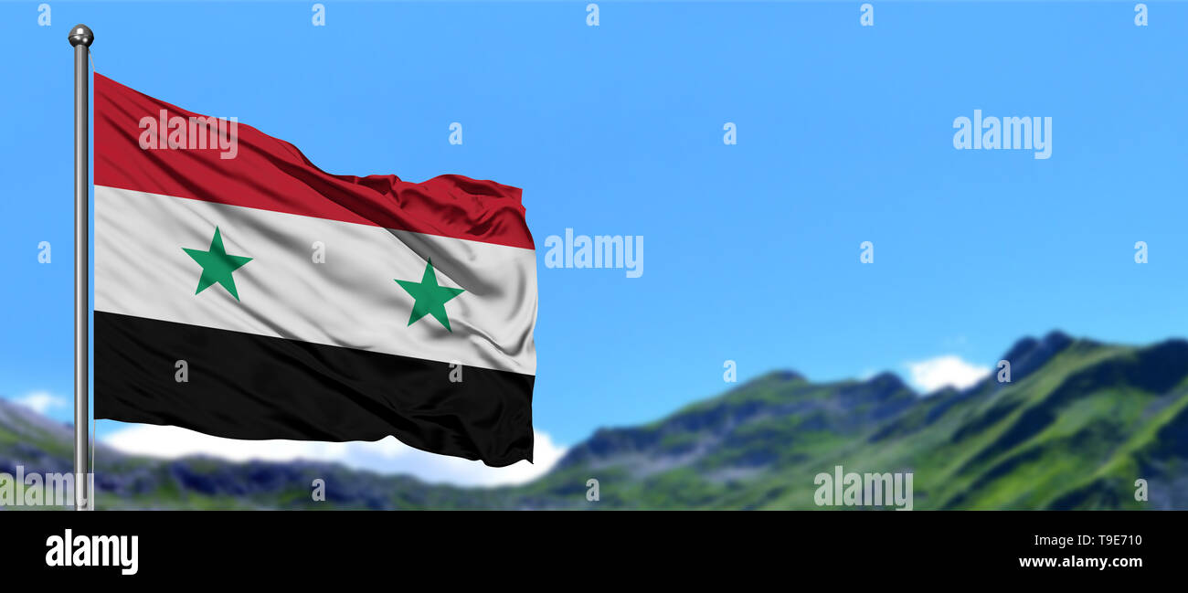 Syria flag waving in the blue sky with green fields at mountain peak ...