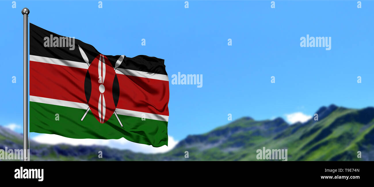 Kenya flag waving in the blue sky with green fields at mountain peak ...