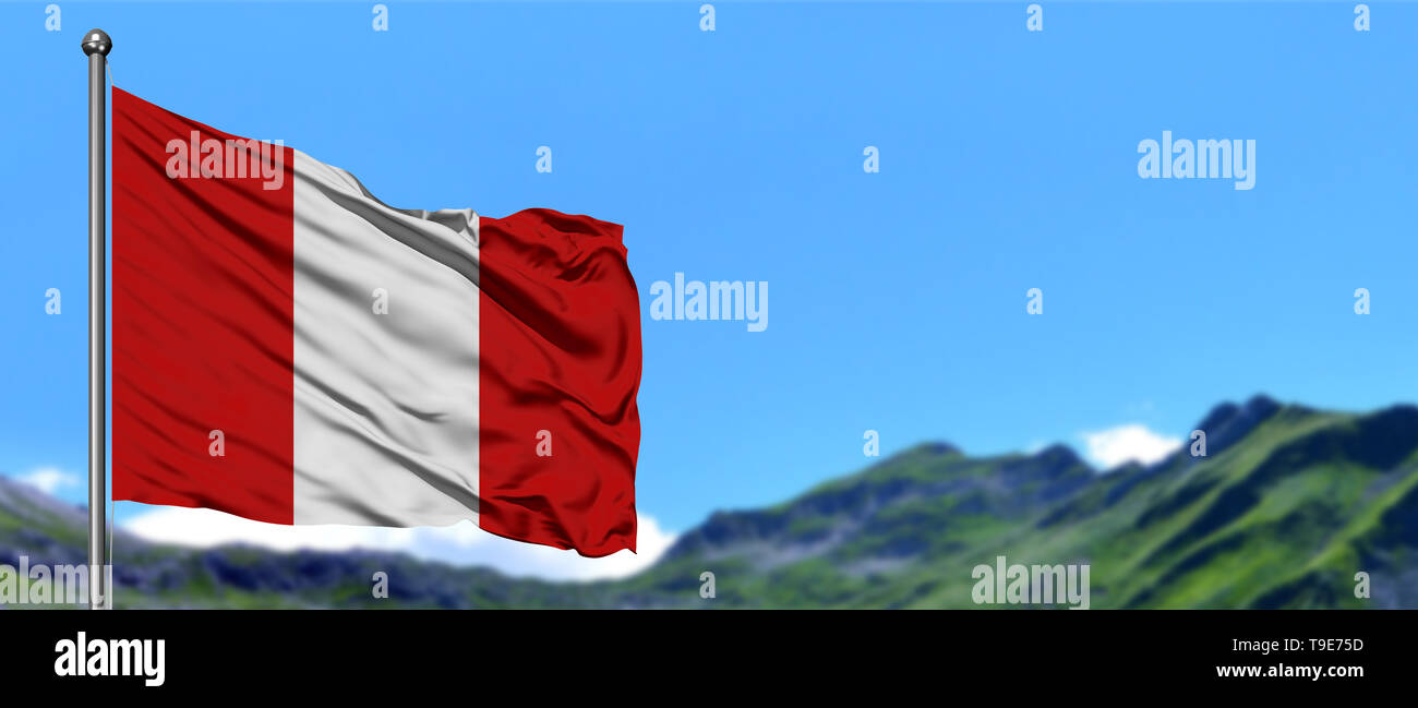 Peru flag waving in the blue sky with green fields at mountain peak ...