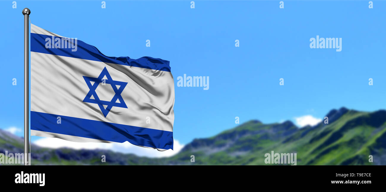 Israel flag waving in the blue sky with green fields at mountain peak ...