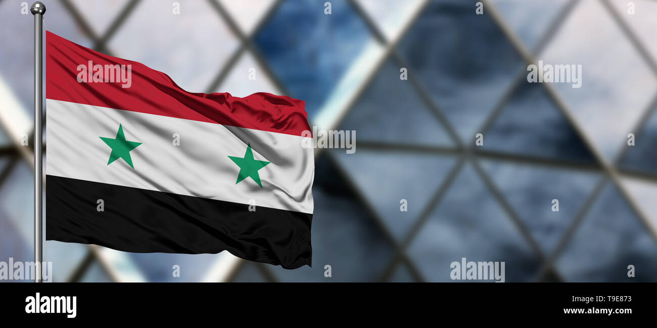 Syria flag waving in the wind against blurred modern building. Business ...