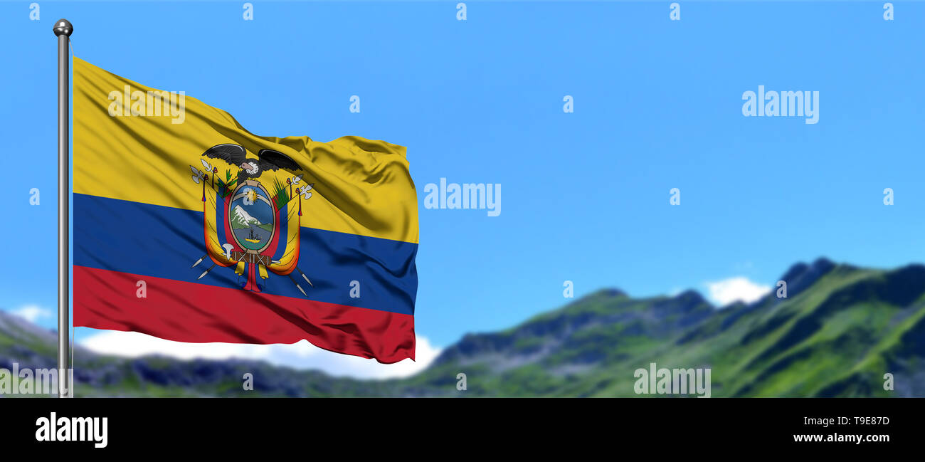 Ecuador flag waving in the blue sky with green fields at mountain peak ...