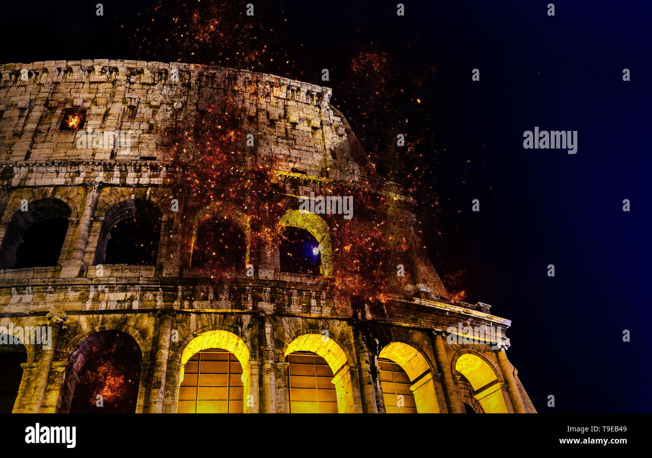 Digital manipulation of fire at the Colosseum or Coliseum at night ...