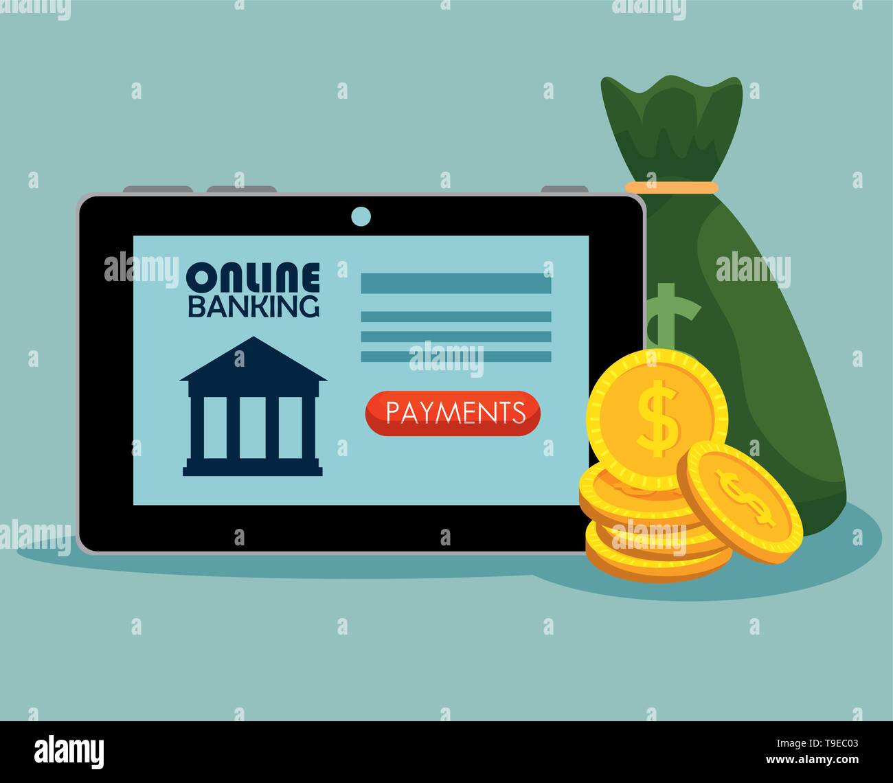 electronic tablet technology with money bag and coins Stock Vector ...
