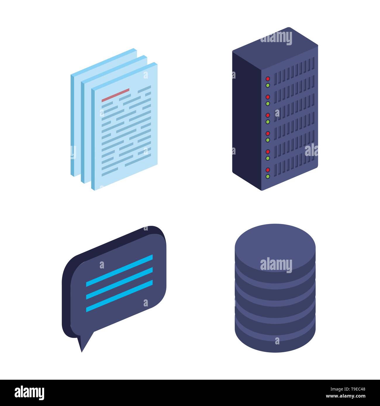 set of documents information with chat bubble and hard storage tower ...