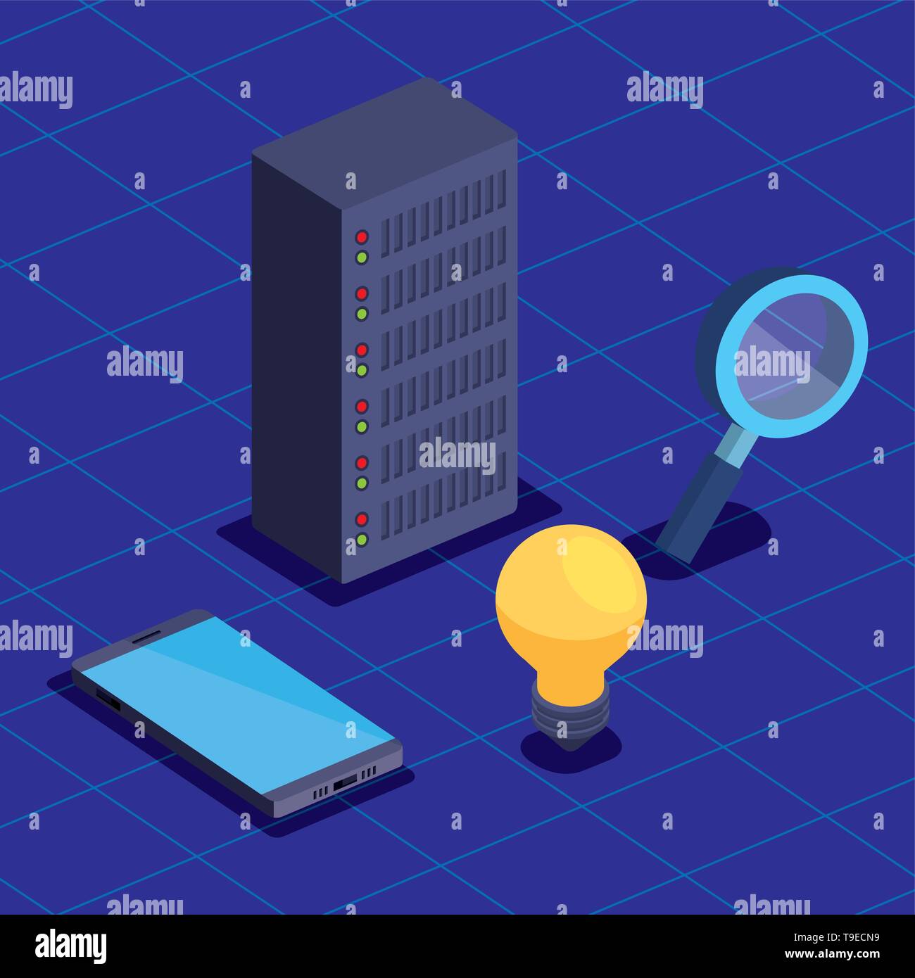 hard storage tower server with smartphone and magnifying glass Stock ...