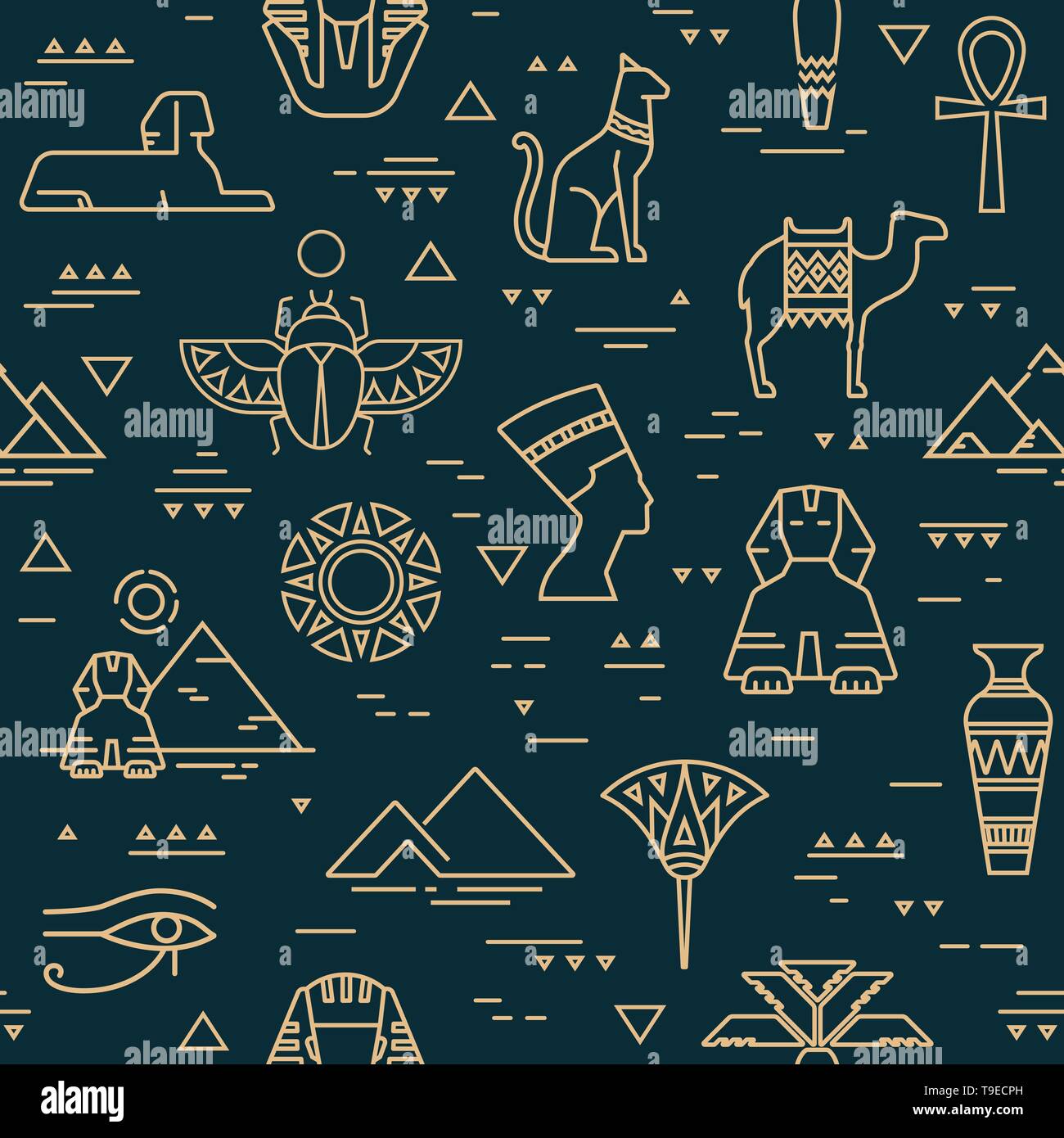 Dark seamless pattern of symbols, landmarks, and signs of Egypt from ...