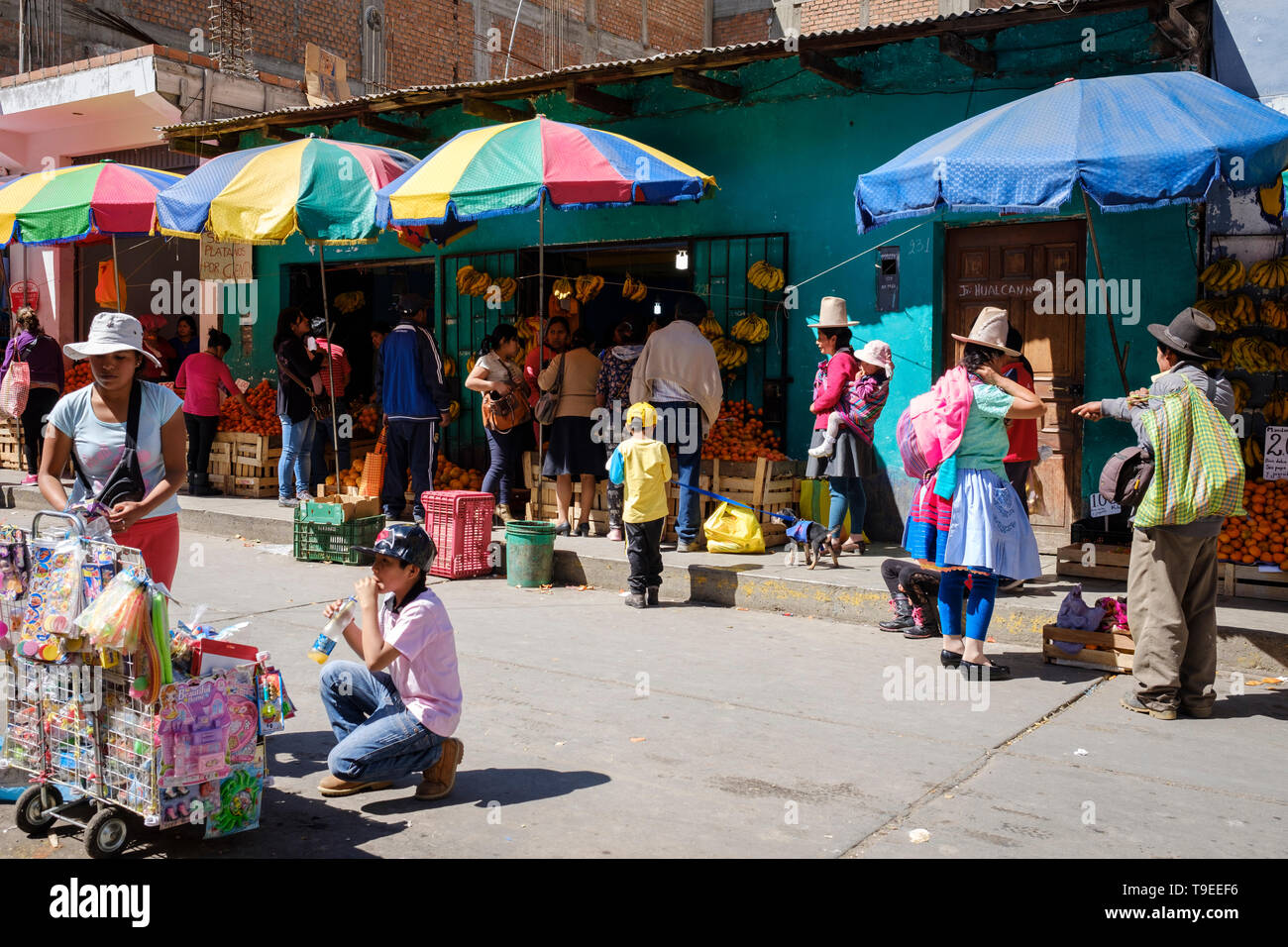 Colorful street market on the streets of Huaraz, Ancash Region, Peru ...