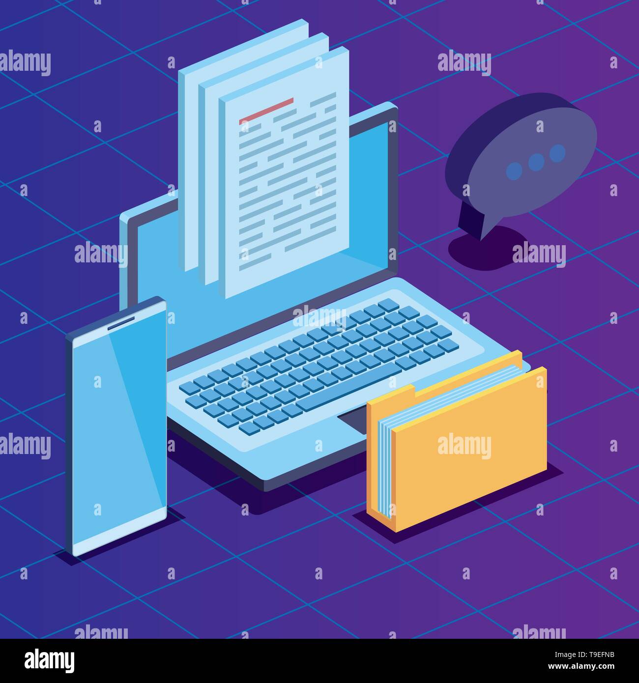 laptop and smartphone technology with folder documents and chat bubble ...