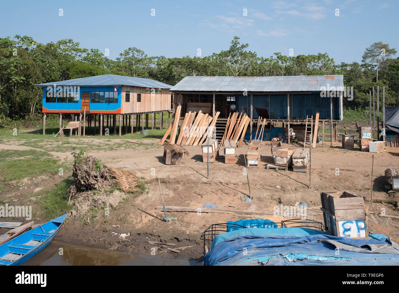 Community on the riverbank seen on the ferry Yurimaguas-Iquitos line ...