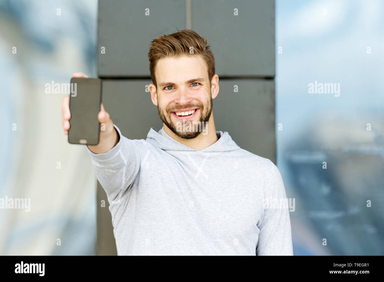 Showing His Brand New Smart Phone Man Beard With Smartphone Urban