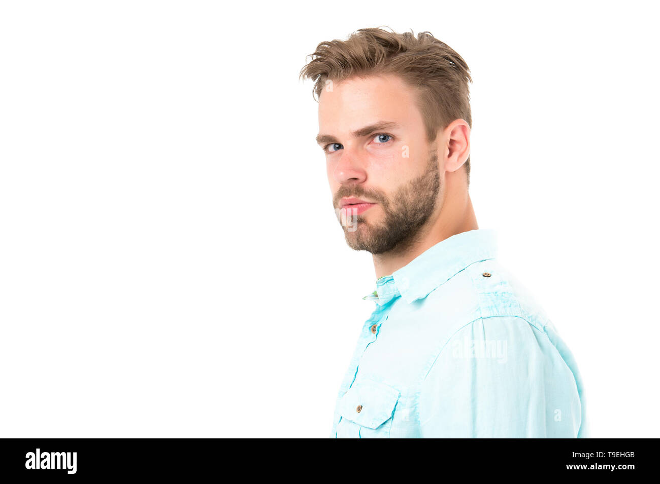 Metrosexual concept. Man bristle serious strict face looks back ...