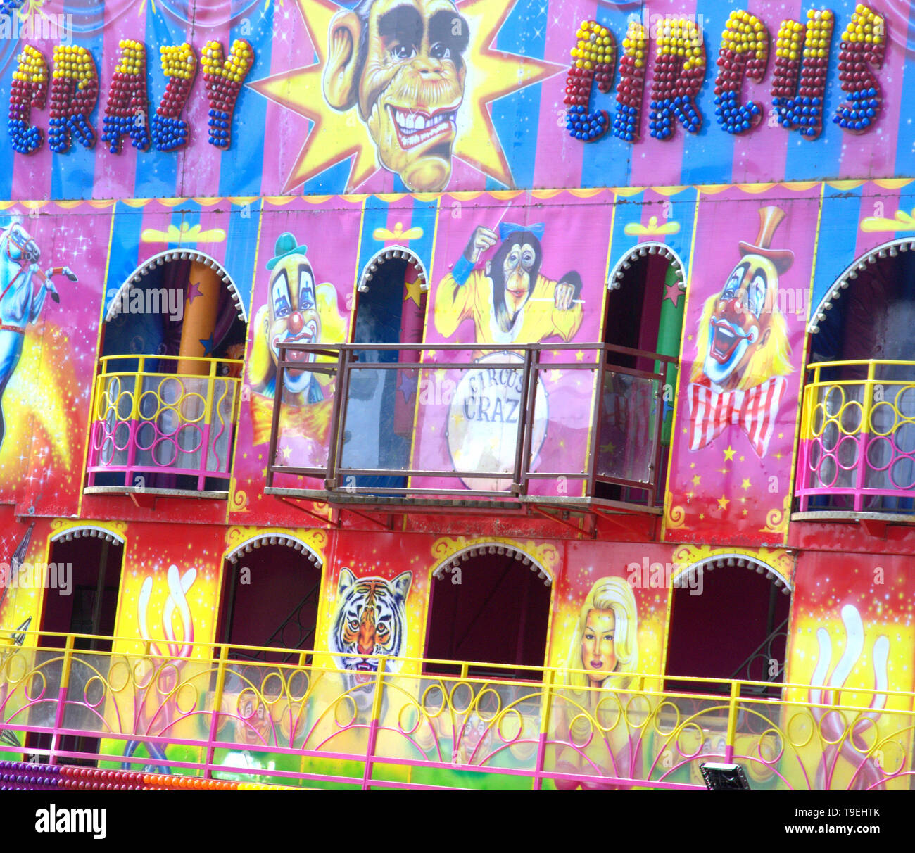 Vintage 'Crazy Circus' sign on a funfair ride in Hay-on-Wye, Powys ...