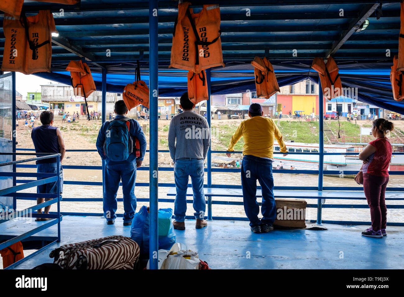 Passengers ready for leaving the ferry that covers Yurimaguas-Iquitos ...