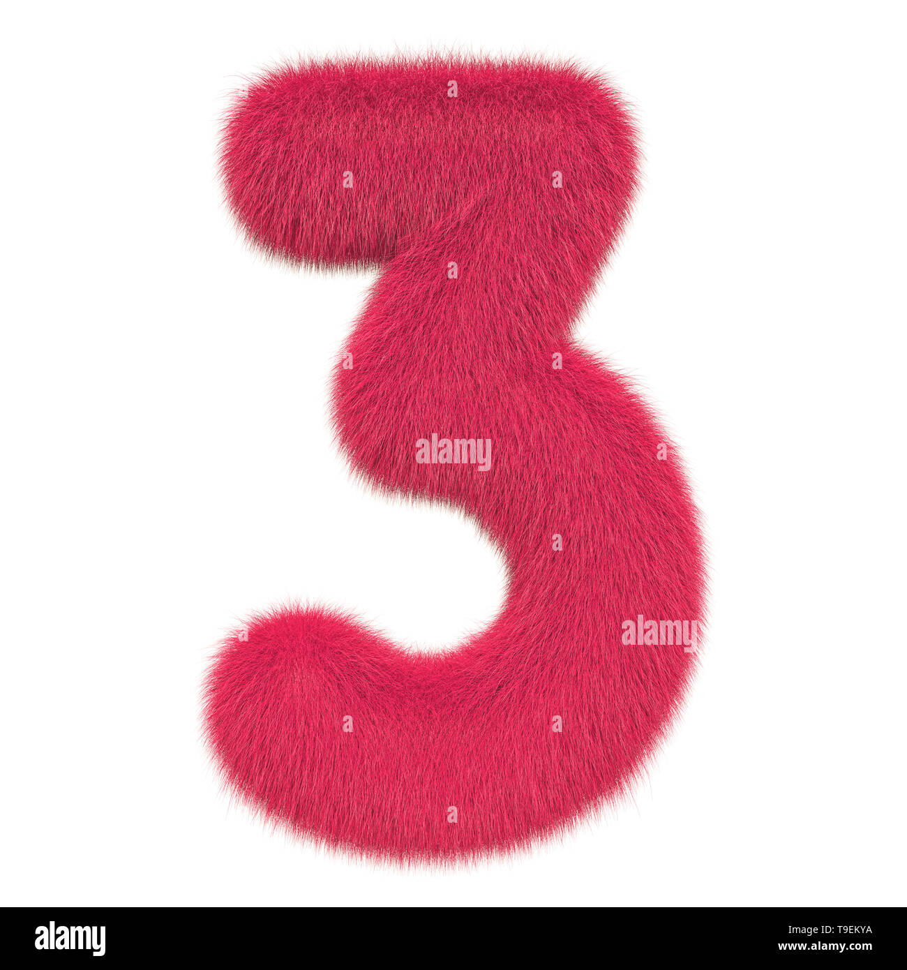 Colored, fluffy, hairy number 3. 3D rendering isolated on white ...