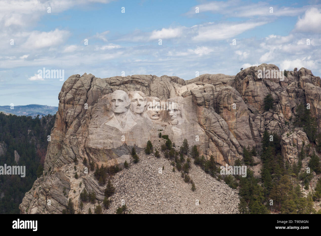 An aerial view of Mount Rushmore Narional Memorial showing the carved ...