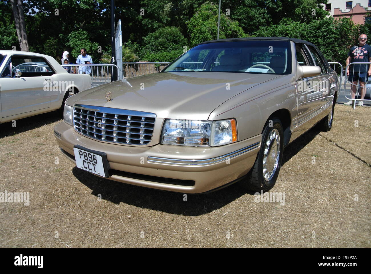 A 1997 Cadillac De Ville classic American car parked up on display at ...