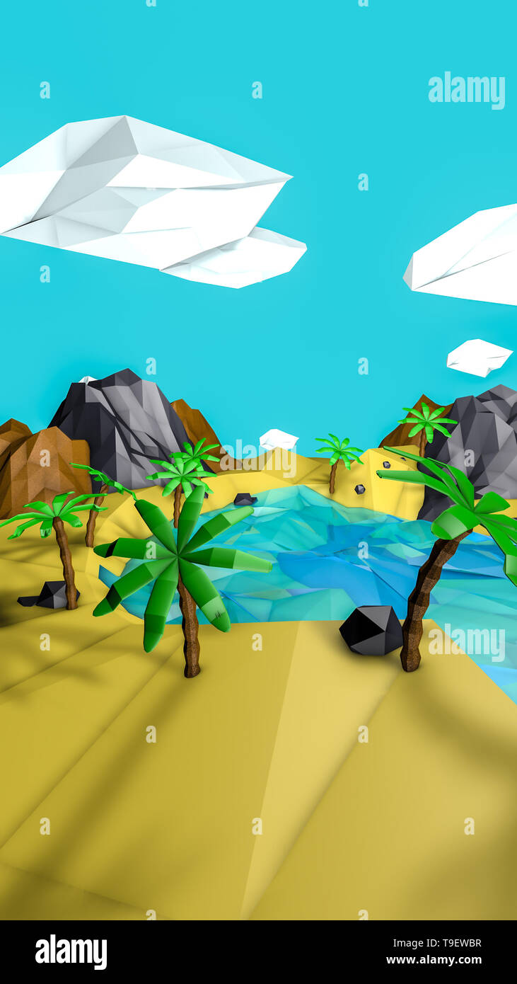 low poly desert landscape with palm trees. 3d render Stock Photo - Alamy
