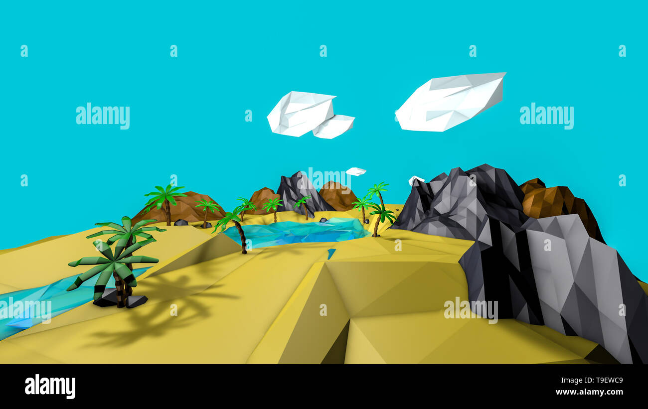 low poly desert landscape with palm trees. 3d render Stock Photo - Alamy