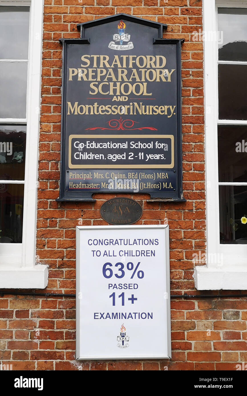 A sign congratulating the schools 11+ examination results is seen ...