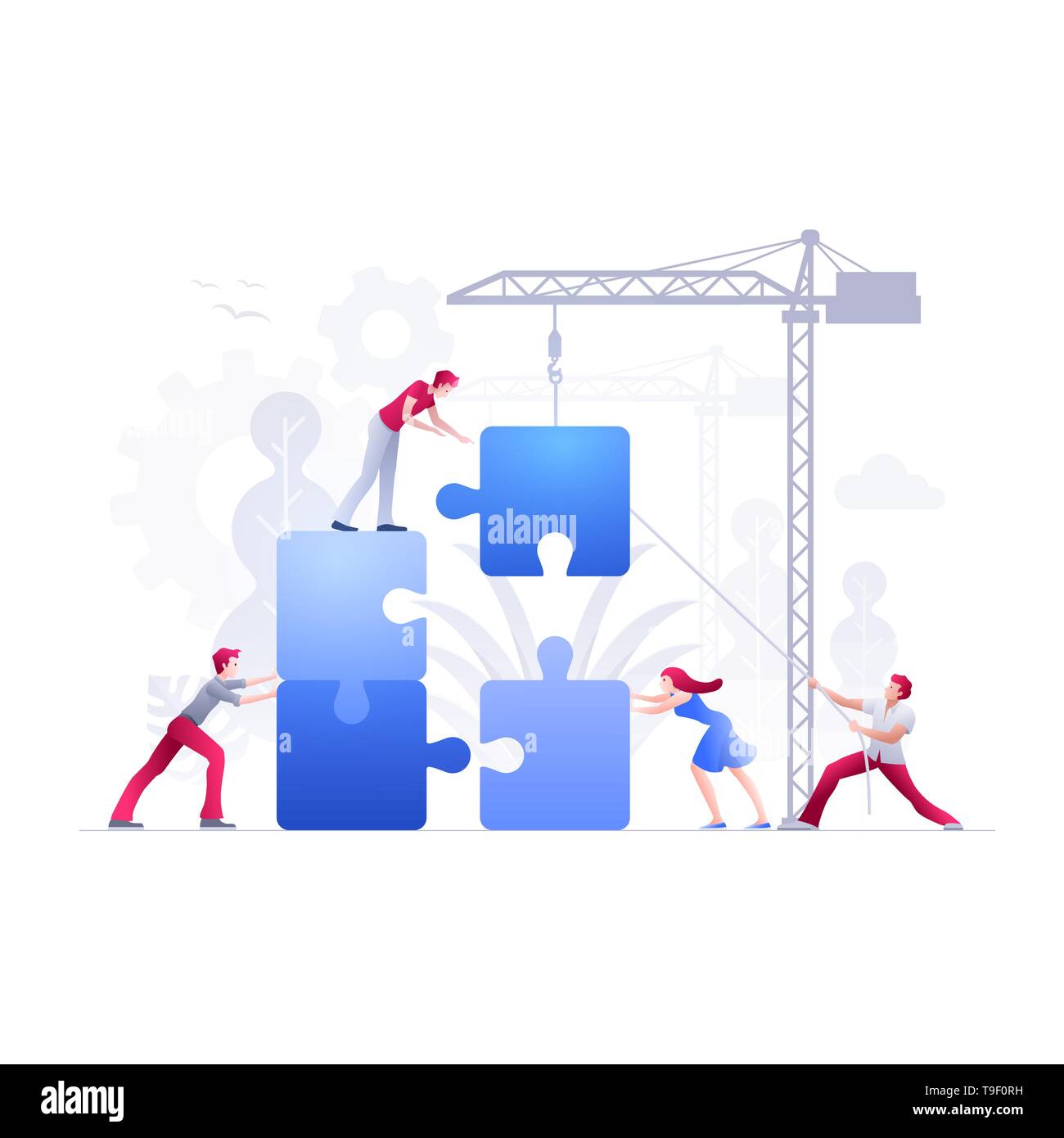 Vector illustration people are building a new achievements with jigsaw ...